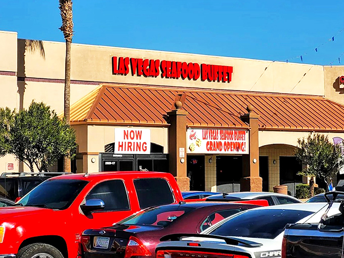 The desert's seafood mirage comes complete with festive flags that flutter like a maritime celebration in Phoenix's arid landscape. Who knew paradise had a "Now Hiring" sign?