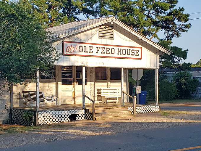 The unassuming exterior of Abe's Ole Feed House stands like a time capsule of Southern hospitality, complete with porch swing for pre-feast contemplation.