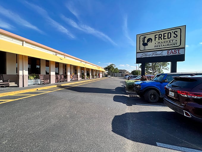 The unassuming yellow exterior of Fred's Market Restaurant hides a Southern food paradise within. Those rocking chairs aren't just for show&mdash;they're recovery zones between helpings.