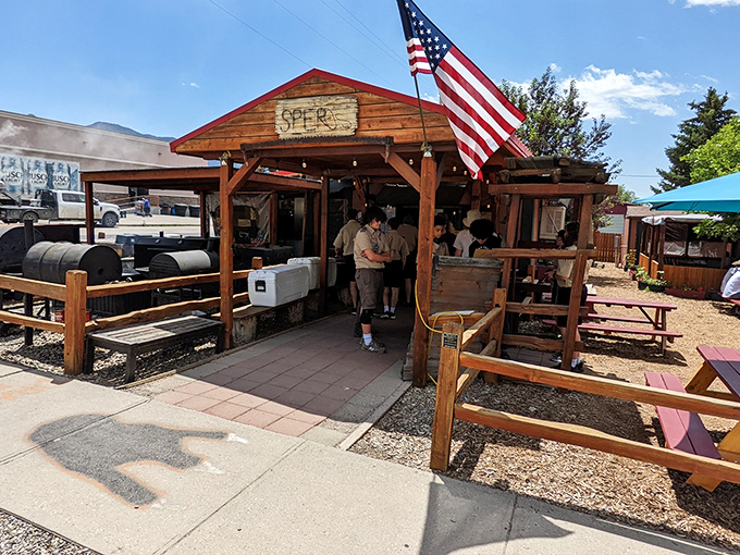 Americana at its smokiest! This rustic pavilion with its signature red roof and waving flag is where barbecue dreams come true in Malad City.