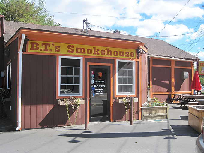The unassuming exterior of B.T.'s Smokehouse proves once again that the best barbecue joints often look like they might fail a health inspection.