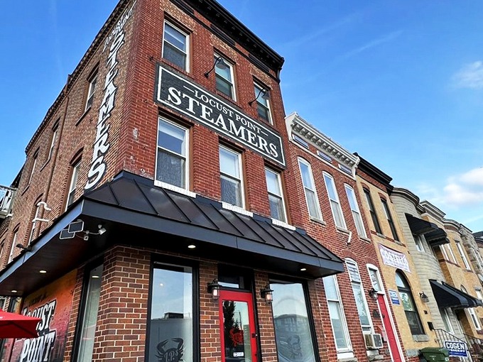 The corner brick building with its vertical "STEAMERS" sign stands like a lighthouse for seafood lovers navigating Baltimore's Locust Point neighborhood.