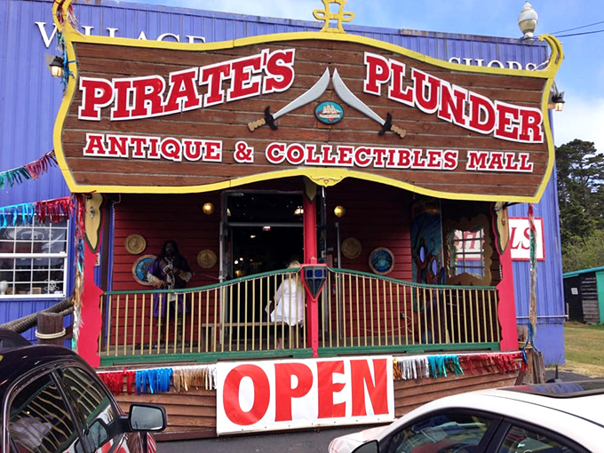 The exterior screams "adventure awaits!" with its wooden ship-styled sign and bright red building. Newport's most colorful treasure hunt begins here. 