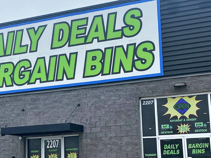 The green-and-blue beacon of bargains beckons from the gray exterior. This isn't just shopping—it's a treasure expedition with daily-changing prices.