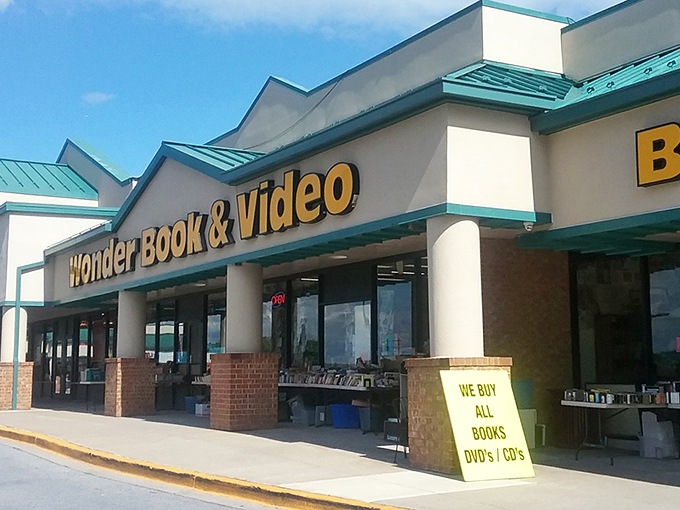 The bright yellow sign of Wonder Book beckons like a literary lighthouse, promising treasures within for the curious and book-hungry.