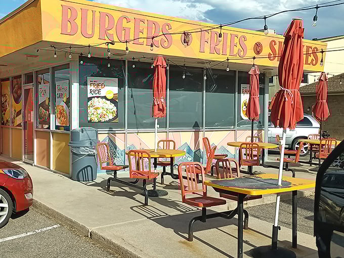The sunshine-yellow exterior of Big Sky Burger promises happiness before you even take a bite. Those red umbrellas aren't just for show&mdash;they're beacons for burger pilgrims.