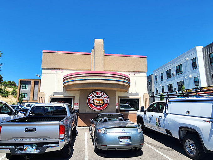The retro-styled exterior of Big Jud's stands like a burger beacon in Boise, promising oversized delights within those unassuming walls.