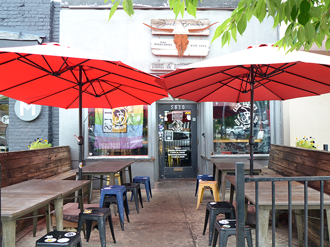 The unassuming exterior of Jack Brown's hides a burger paradise within. Those red umbrellas practically whisper, "Psst, deliciousness happens here."