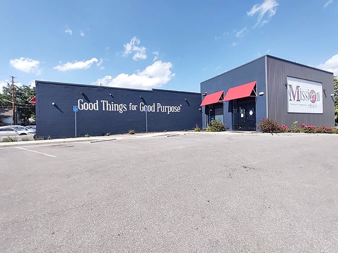 Mission 27's modern exterior with its distinctive red awnings stands as a stylish contradiction to the "thrift store" stereotype. Upscale bargain hunting begins here.