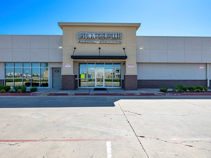 The unassuming exterior of Uptown Cheapskate in Midwest City hides a treasure trove of fashion finds that would make any bargain hunter's heart skip a beat.
