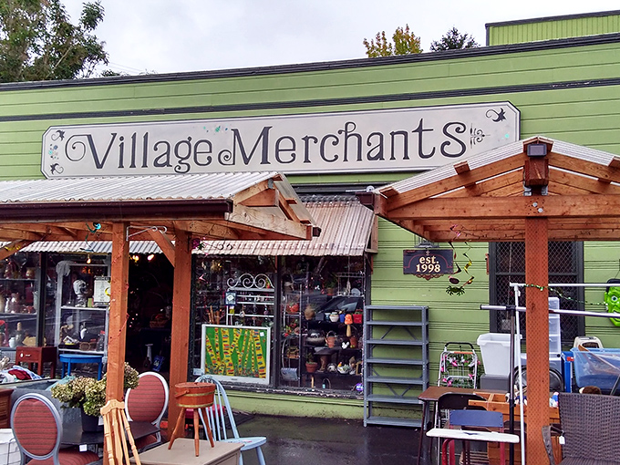 The unmistakable lime-green exterior of Village Merchants stands out like a beacon for treasure hunters on SE Division Street. Portland's quirky personality in building form. 
