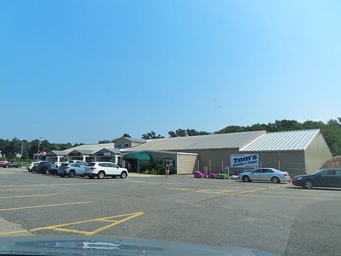The unassuming exterior of Tom's Discount Store &ndash; where retail magic happens without the fancy wrapping. Bargain paradise awaits!