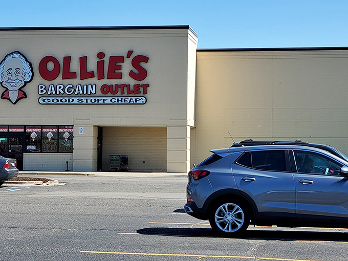 The iconic Ollie's storefront with its cartoon mascot promises what Michigan bargain hunters crave most: "Good Stuff Cheap" without the retail markup drama.