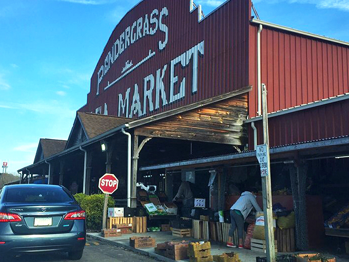 The unmistakable red barn facade of La Vaquita welcomes treasure hunters with autumn's fiery maples standing guard like colorful sentinels of bargain paradise.