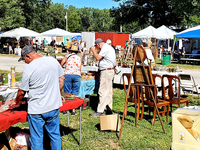 Treasure hunters navigate the grassy pathways between vendor stalls, where yesterday's castoffs await their second chance at usefulness and beauty.