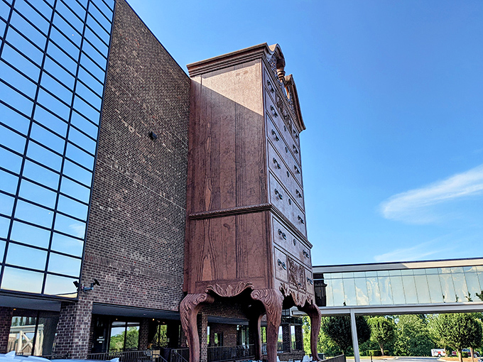 The world's largest highboy dresser isn't compensating for anything &ndash; it's actually Furnitureland South's iconic headquarters in Jamestown, NC.