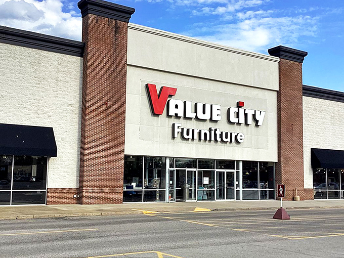 The iconic red "V" beckons furniture enthusiasts like a beacon of home design possibilities. Value City's Boardman location promises adventures in comfort ahead.