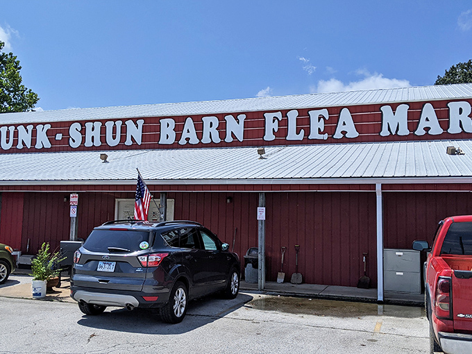 The red barn exterior promises nothing fancy, just honest-to-goodness treasure hunting. Like a poker player with a royal flush, it keeps its best cards hidden inside.