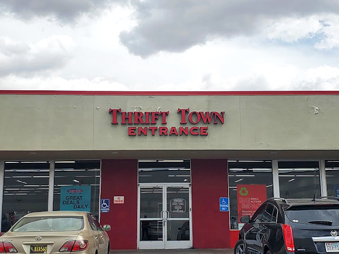 The iconic Thrift Town storefront beckons treasure hunters with its bold red signage, promising adventures that last longer than most Netflix binges.