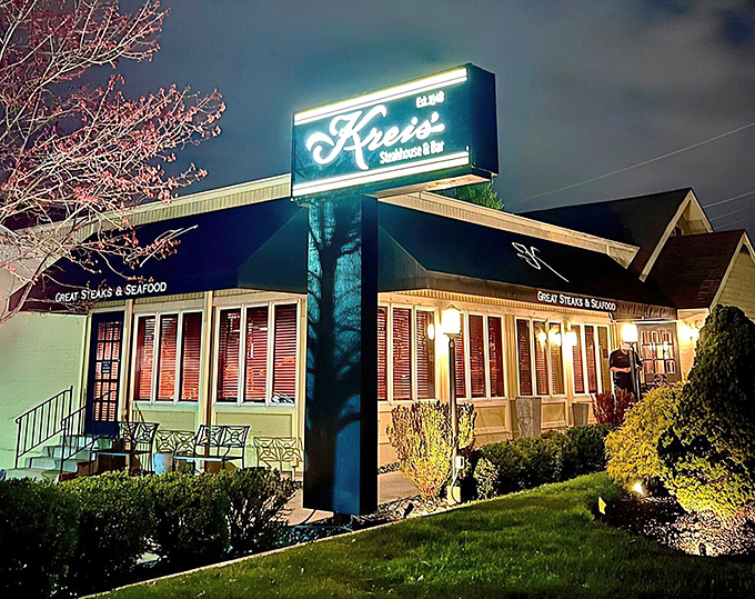 Kreis' unassuming exterior hides a temple of beef worship within. Classic cream and burgundy colors signal you've arrived somewhere timelessly special.