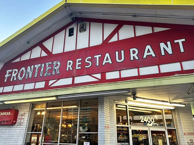 The iconic red-and-white facade of Frontier Restaurant stands as Albuquerque's culinary lighthouse, beckoning hungry souls from Central Avenue. 