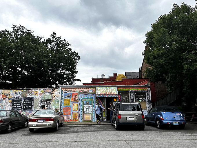 The facade of Third Street Stuff is like a children's book illustrator went wild after drinking too much of their own coffee. Pure joy in architectural form.