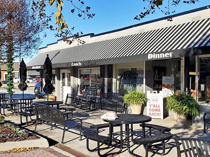 The classic black and white awning at Matthews isn't just a shelter &ndash; it's a beacon of hope for hungry souls seeking Southern salvation.