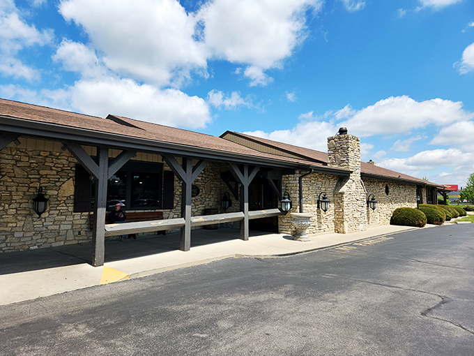 The stone fa&ccedil;ade and wooden beams aren't trying to be trendy &ndash; they're promising something better: authentic Hoosier comfort that's stood the test of time.