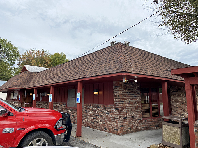 The unassuming brick exterior of Chicken Mary's&mdash;where culinary legends are born without architectural fanfare. Kansas knows true treasures don't need fancy facades.