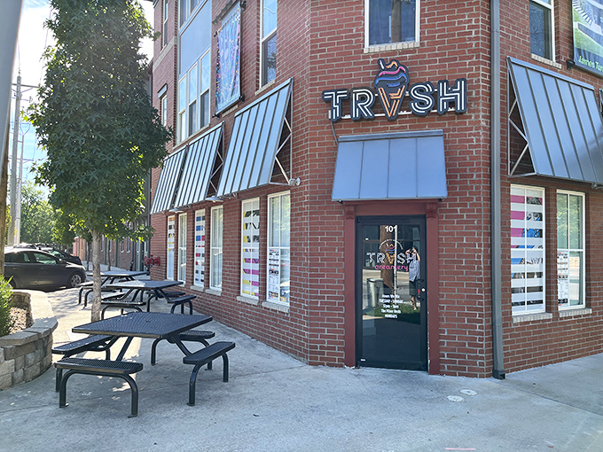 TRVSH's brick corner location in downtown Bentonville beckons with its distinctive metal awnings and inviting picnic tables&mdash;architectural foreplay for the flavor explosion waiting inside.