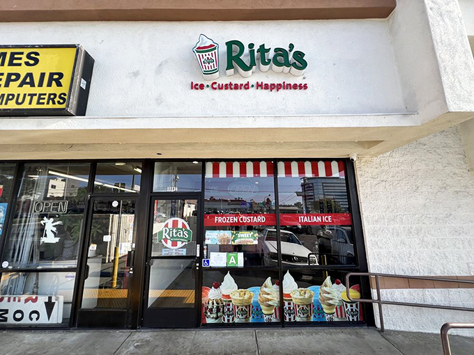 Rita's welcoming storefront promises "Ice, Custard, Happiness" &ndash; three simple words that might be the most honest advertising in Los Angeles.