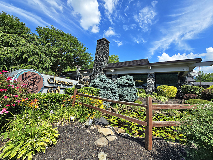 The mountain lodge aesthetic of Cherokee Grill's exterior isn't just for show&mdash;those stone pillars and timber beams practically whisper, "Come in, carnivores. Your sanctuary awaits." 