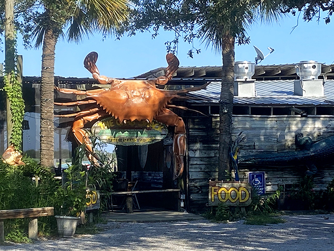 The weathered exterior of The Crab Shack stands as a beacon of seafood authenticity on Tybee Island. No fancy facades needed when what's inside is this good.