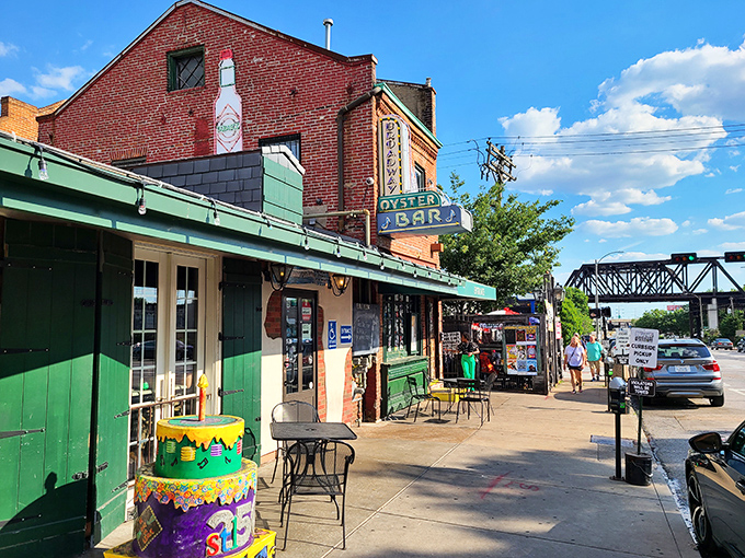 The historic red brick facade of Broadway Oyster Bar stands like a Cajun oasis amid downtown St. Louis, its weathered charm promising culinary adventures within. 