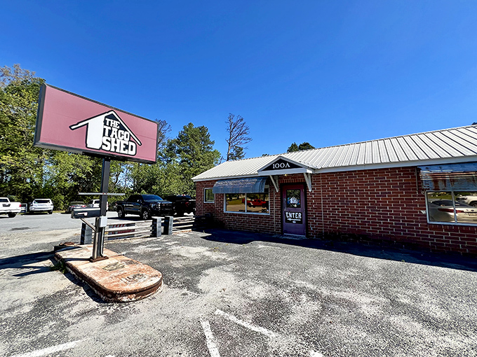 Not all heroes wear capes; some wear brick facades and metal roofs. The Taco Shed's humble exterior belies the flavor explosions waiting inside.