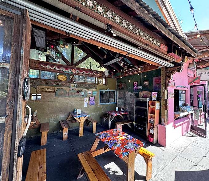 A colorful street-side oasis where Portland's gray skies surrender to the vibrant spirit of Mexico. The pink exterior practically screams "happiness served here!" 