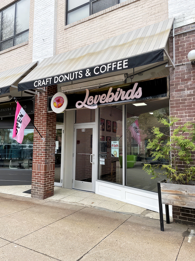 The welcoming gray shingled exterior of Lovebirds Donuts beckons like a siren song to donut lovers across state lines.