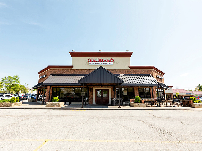 The brick exterior of Gingham's proudly announces "OPEN 24 HRS" &ndash; a beacon of hope for hungry night owls and early birds alike.