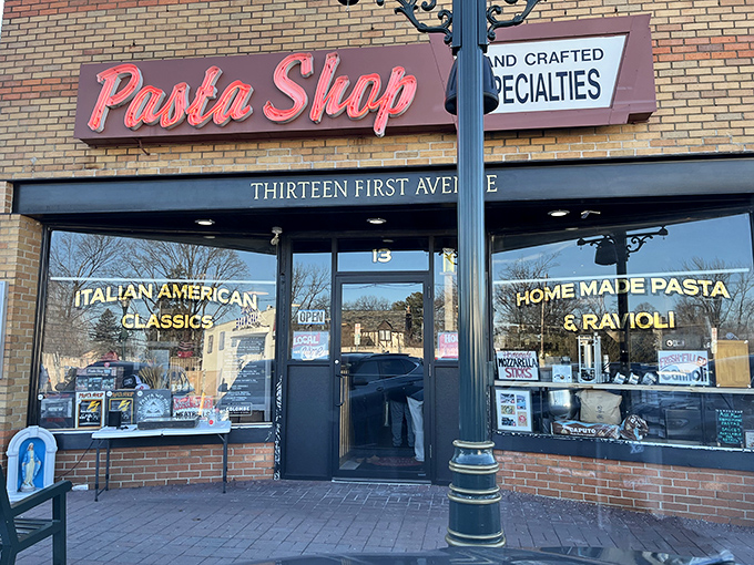 The brick fa&ccedil;ade and classic red signage of The Pasta Shop in Denville promises no gimmicks&mdash;just serious Italian goodness waiting inside.