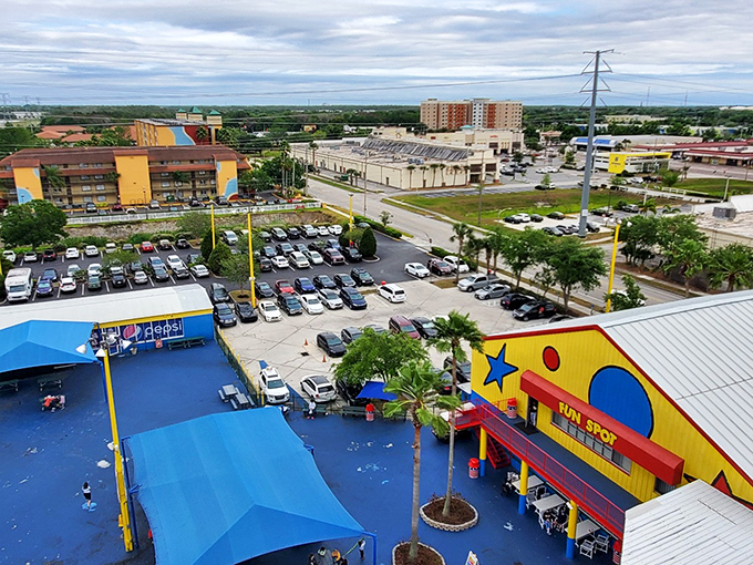 The bird's-eye view reveals Fun Spot's cheerful blue and yellow buildings&mdash;like a LEGO creation brought to life in the Florida sunshine.