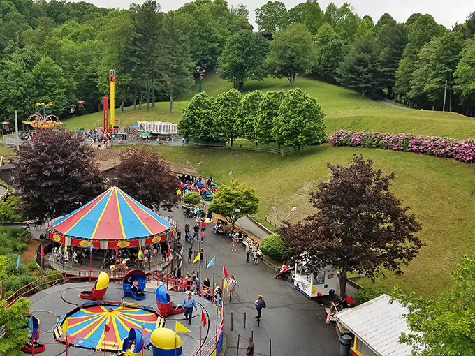 Colorful carousels and carnival rides dot the landscape at Tweetsie, where the Blue Ridge Mountains provide a stunning natural backdrop for old-fashioned fun.