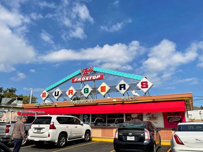 That iconic blue and red Frostop sign isn't just a landmark&mdash;it's a promise of burger bliss waiting just beyond those doors.