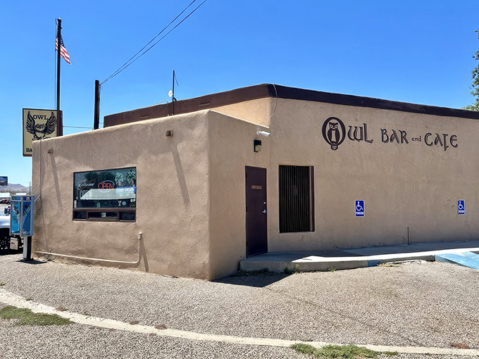 The unassuming adobe exterior of The Owl Bar & Cafe stands like a culinary mirage in tiny San Antonio, New Mexico. Burger pilgrims know: true greatness rarely advertises itself.