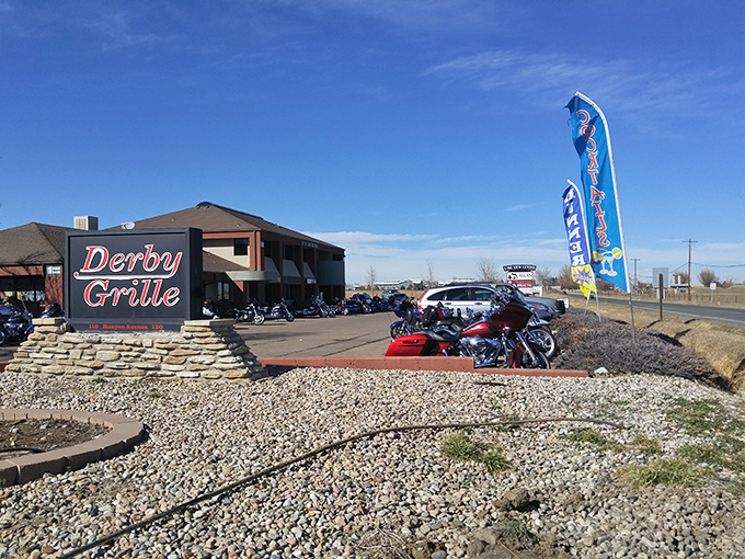 The Derby Grille stands ready for hungry visitors, with motorcycles lined up outside like dinner guests who couldn't wait to get a table. 