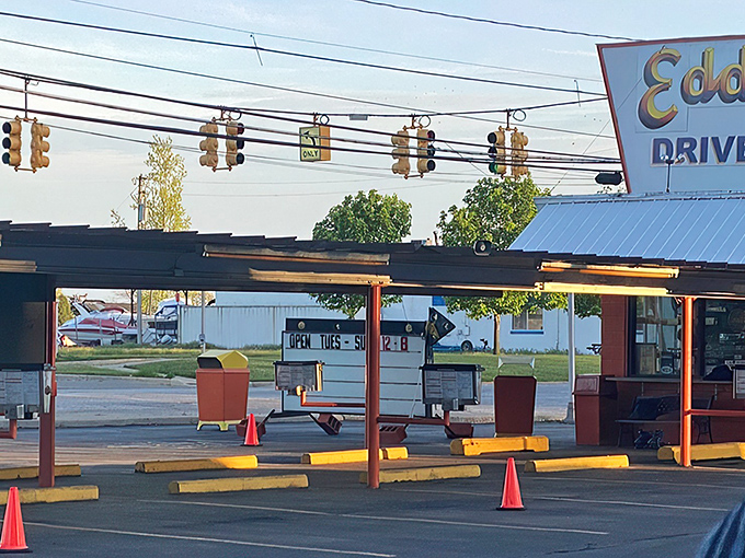 Eddie's iconic orange exterior isn't just a building&mdash;it's a time machine disguised as a drive-in, beckoning hungry travelers with its retro charm and promise of burger bliss.