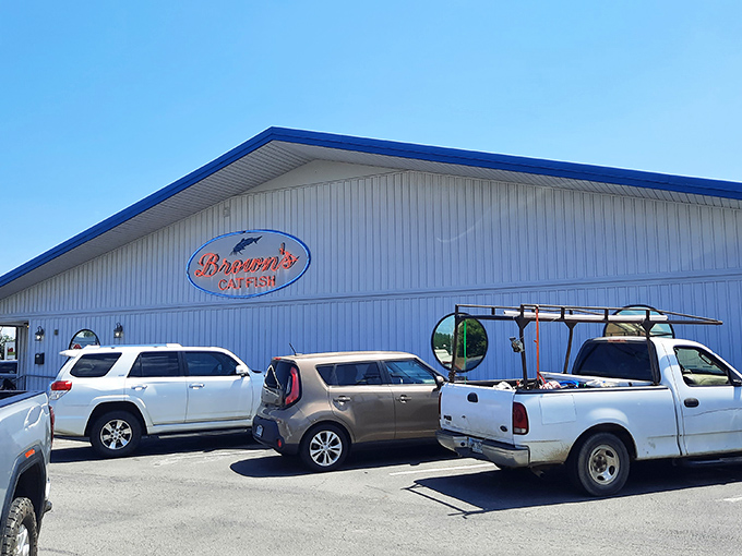 The bright blue exterior of Brown's Catfish isn't just a beacon for hungry travelers&mdash;it's practically a bat signal for anyone craving perfectly fried seafood in Russellville.