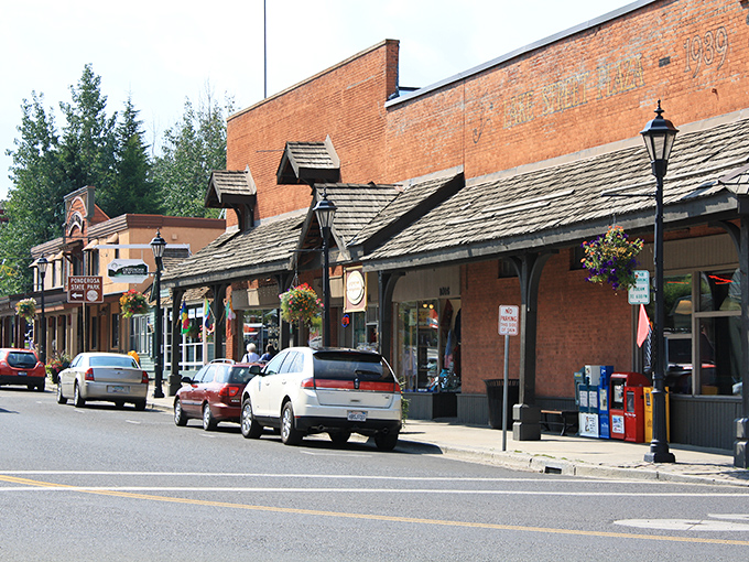Historic charm meets mountain wilderness on McCall's main street, where brick buildings and wooden awnings create the perfect backdrop for treasure hunting.