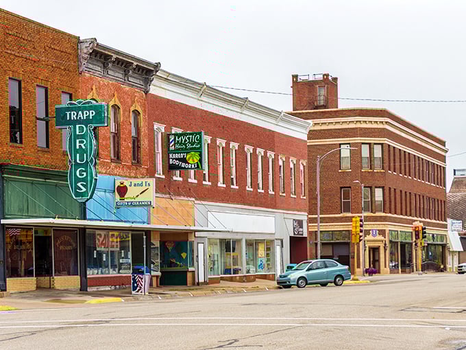 Downtown Abilene's historic brick buildings stand like sentinels of time, with the iconic green Trapp Drug sign beckoning visitors to step back into a simpler era.