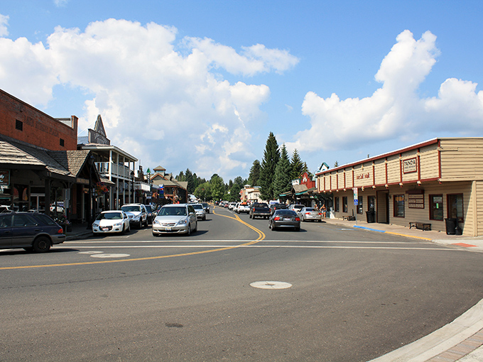 Historic charm meets mountain wilderness on McCall's main street, where brick buildings and wooden awnings create the perfect backdrop for treasure hunting.