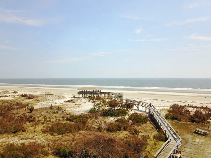 Aerial paradise where land meets sea. Sapelo Island's untouched coastline stretches before you like nature's welcome mat, inviting exploration and quiet contemplation.